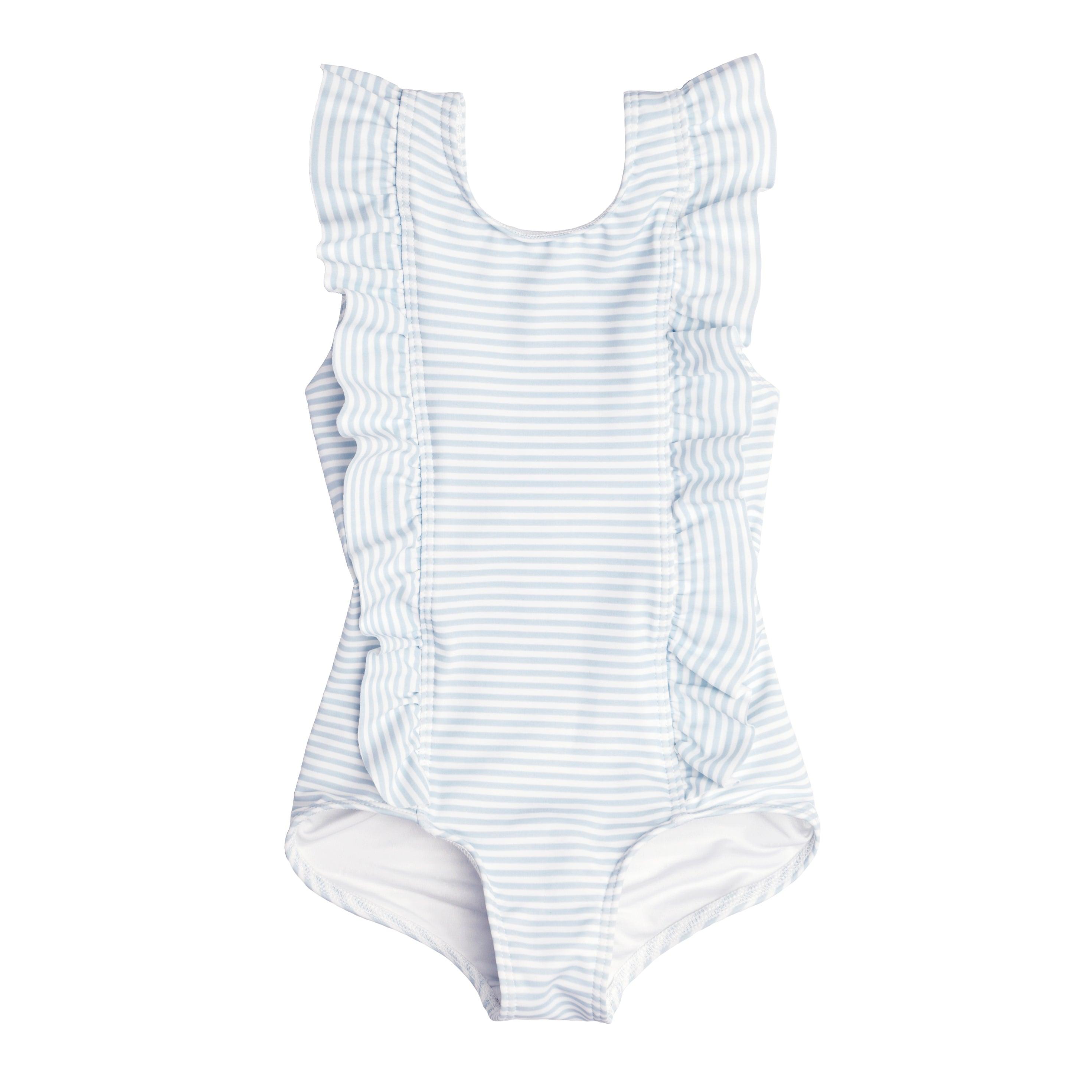 girls powder blue stripe ruffle one piece – minnow