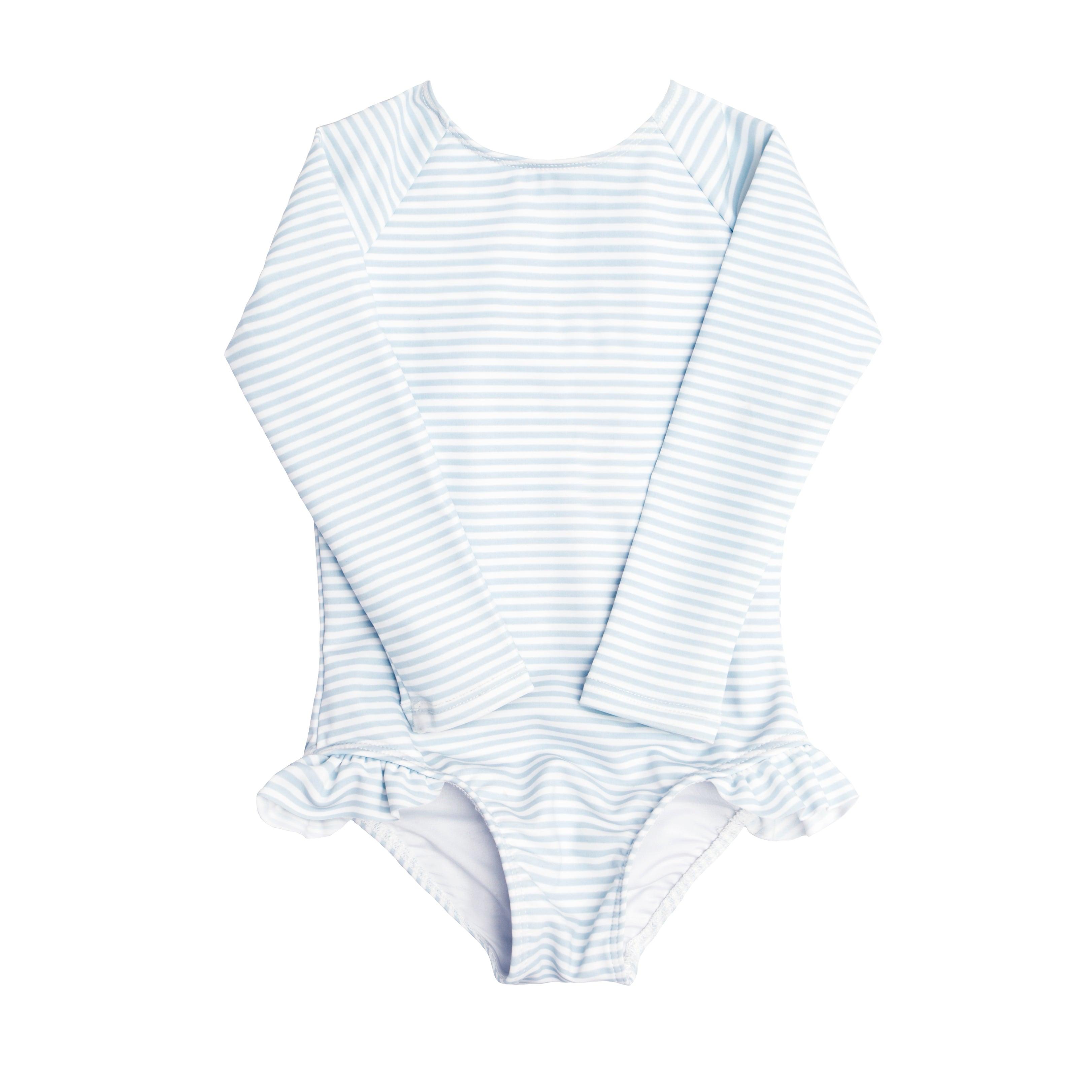 girls powder blue stripe rashguard one piece | minnow swim
